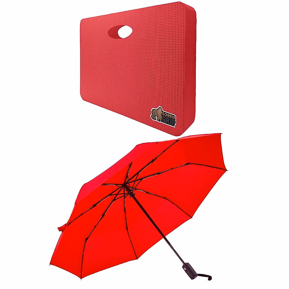 Gorilla Grip Kneeling Pad and Umbrella, Cushioning for Knee in 17.5x11 Inch Lightweight in Red, Umbrella for Rain One-Click Automatic in Red, 2 Item Bundle