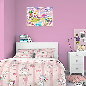 Unicorn Rainbow Wall Art Unicorn Decor for Girls Bedroom Pink Unicorn Painting for Kids Baby Nursery Cute Cartoon Unicorn Canvas Print Framed Artwork Birthday Gifts for Daughter Ready to Hang 16"x12"