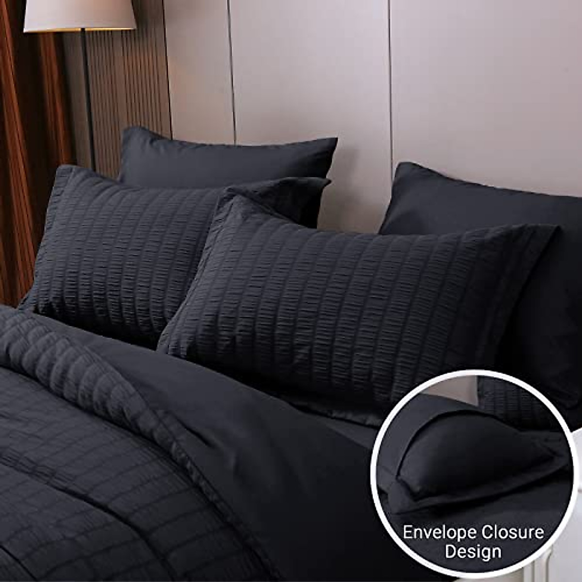 HYMOKEGE Duvet Cover Queen 3 Pieces, Black Seersucker Duvet Cover Set, Luxury Soft Brushed Microfiber Bedding Set with 1 Comforter Cover & 2 Pillow Shams, 90x90 Inch