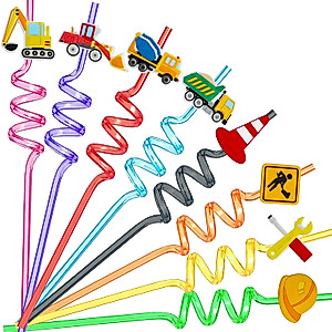 24 Construction Plastic Straws Reusable Drinking Straws with 2 Cleaning Brush Blender Truck Excavator Truck Bulldozer Transportation Straws Construction Party Favors Supplies Gift for Kids Boys