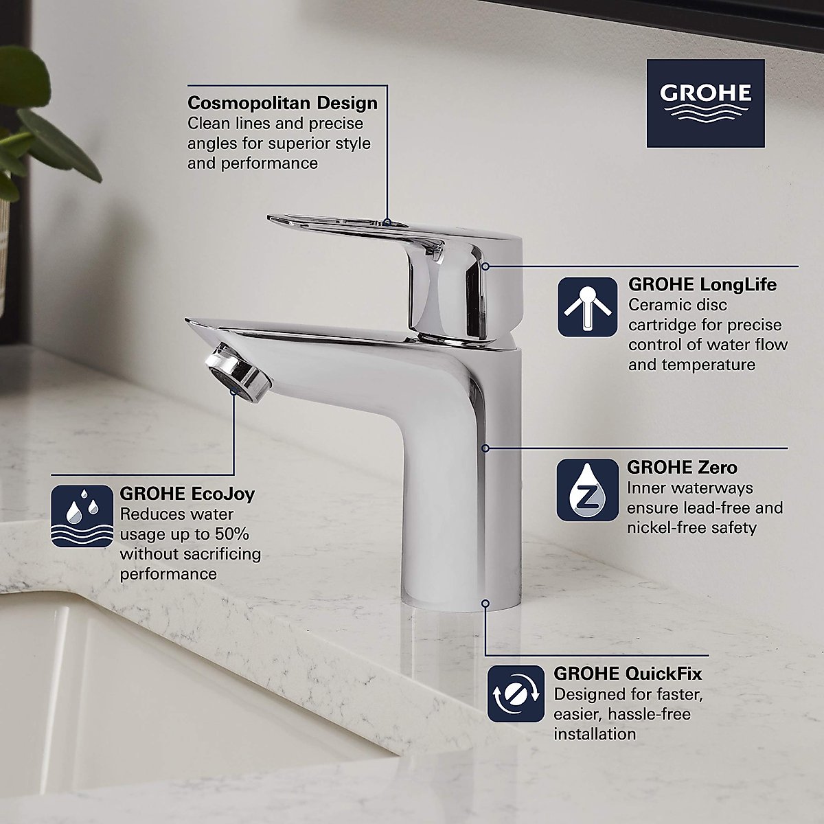 GROHE 23085001 Bauloop, Single Hole Single-Handle S-Size Bathroom Faucet 1.2 GPM - Drain not included, Chrome