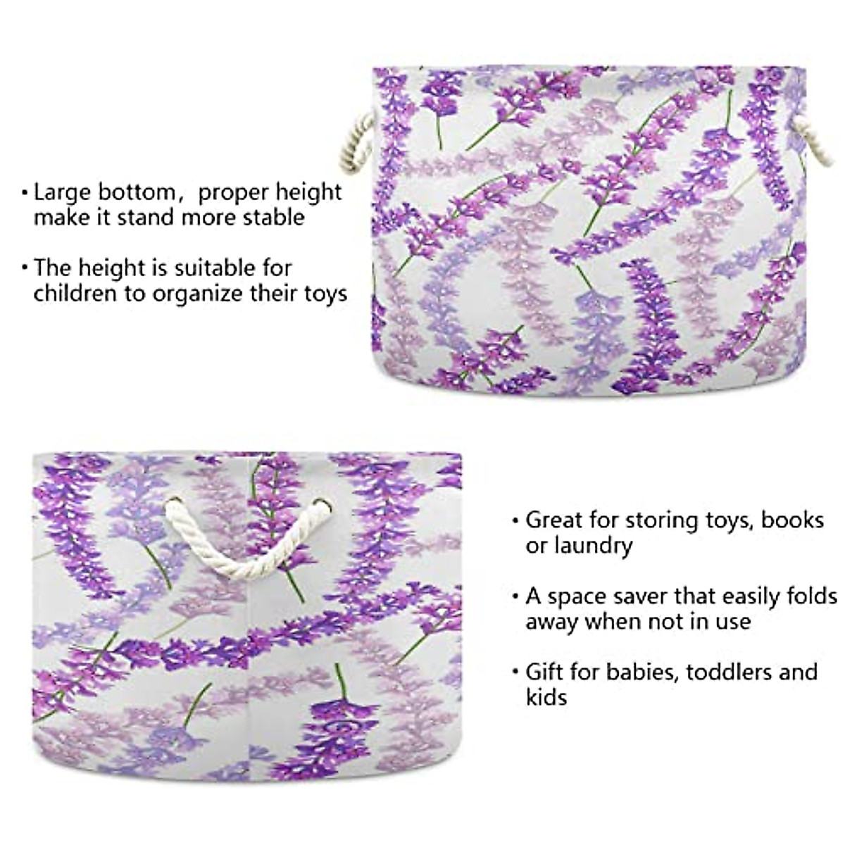xigua Large Basket for Toys Lavender Flowers Storage Bin Box Kids Laundry Hamper Collapsible Fabric Organizer Bin for Nursery Clothes, Toys, Books, Home Decor132