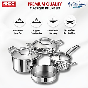 Vinod Classic Deluxe Stainless Steel Cookware Combo Set of 4 Pcs/Saucepan, Saucepot, Kadai and Frypan/Deep Kadhai for Cooking/Heavy Induction Bottom