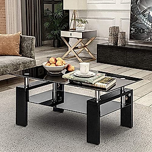 Tansole Rectangle Glass Coffee Table,Glass Coffee Tables for Living Room,Rectangle Clear Coffee Table for Home Office or Conversation Leisure Occasions,Rectangle Glass Cocktail Table,Wooden Leg,Black