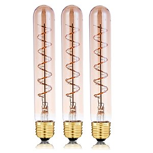 Dimmable 4W Tube LED Eison Bulb, T10 Vintage Long LED Bulb 40 Watt Equivalent Warm White 2700K, E26 Medium Base Amber Colored 7.3 Inch Long tubular edison bulb, 3 Pack