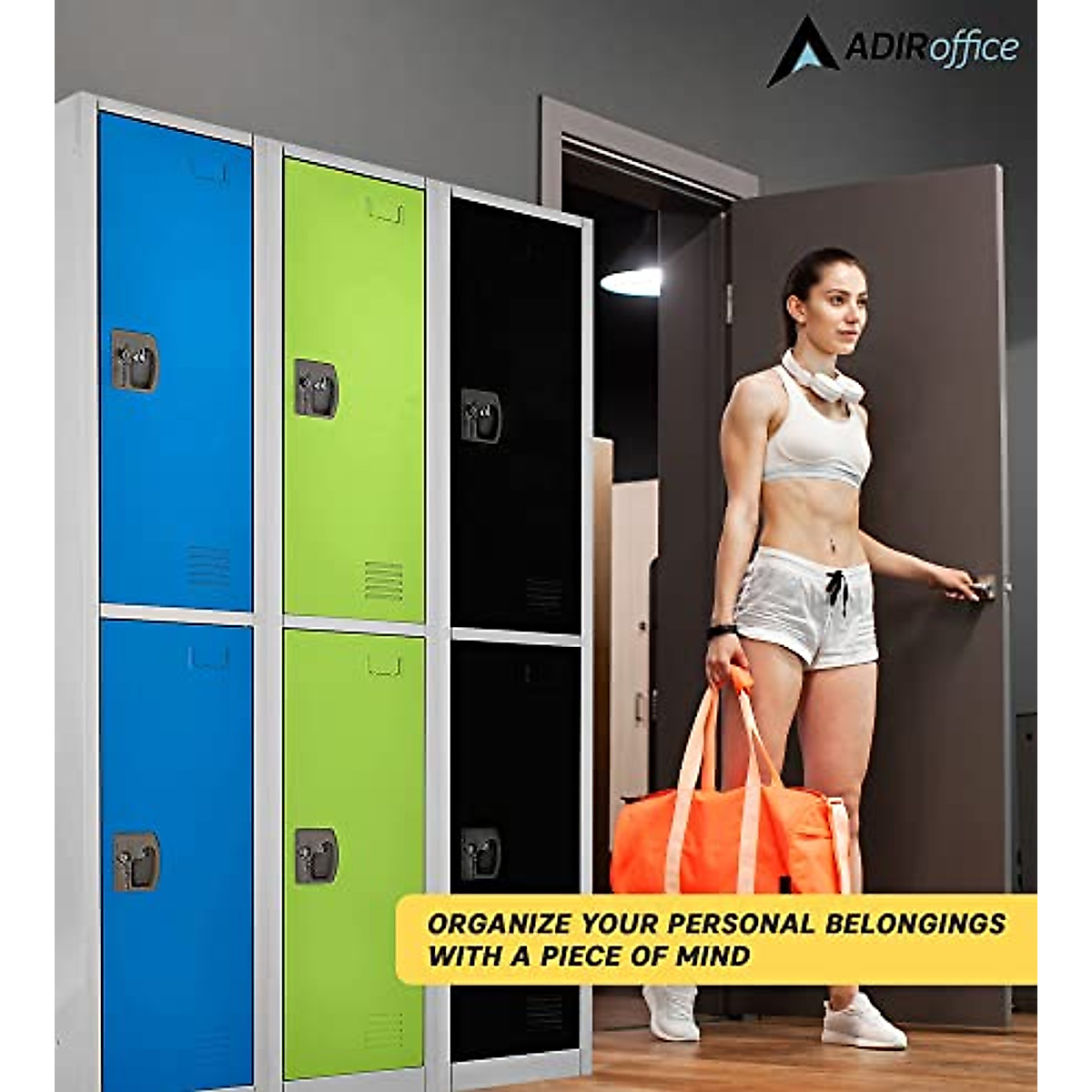 AdirOffice Large School Locker with 2 Doors 2 Hooks Storage Locker for Garage Storage - Office Storage Lockers (2 Door, Black)