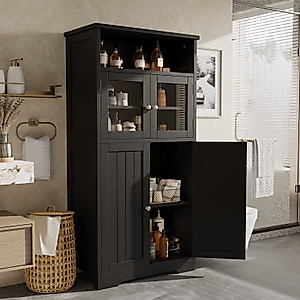 Irontar 50.4''H Bathroom Storage Cabinet, Bathroom Cabinet with Open Storage, Kitchen Pantry Cabinet with Doors for Living Room, Bathroom Floor Cabinet, Black CWG007B