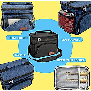 ExtraCharm Insulated Lunch Bag for Women/Men - Reusable Lunch Box for Office Picnic Hiking Beach - Leakproof 12-Can Coke Cooler Tote Bag Organizer with Adjustable Shoulder Strap for Adults - Black