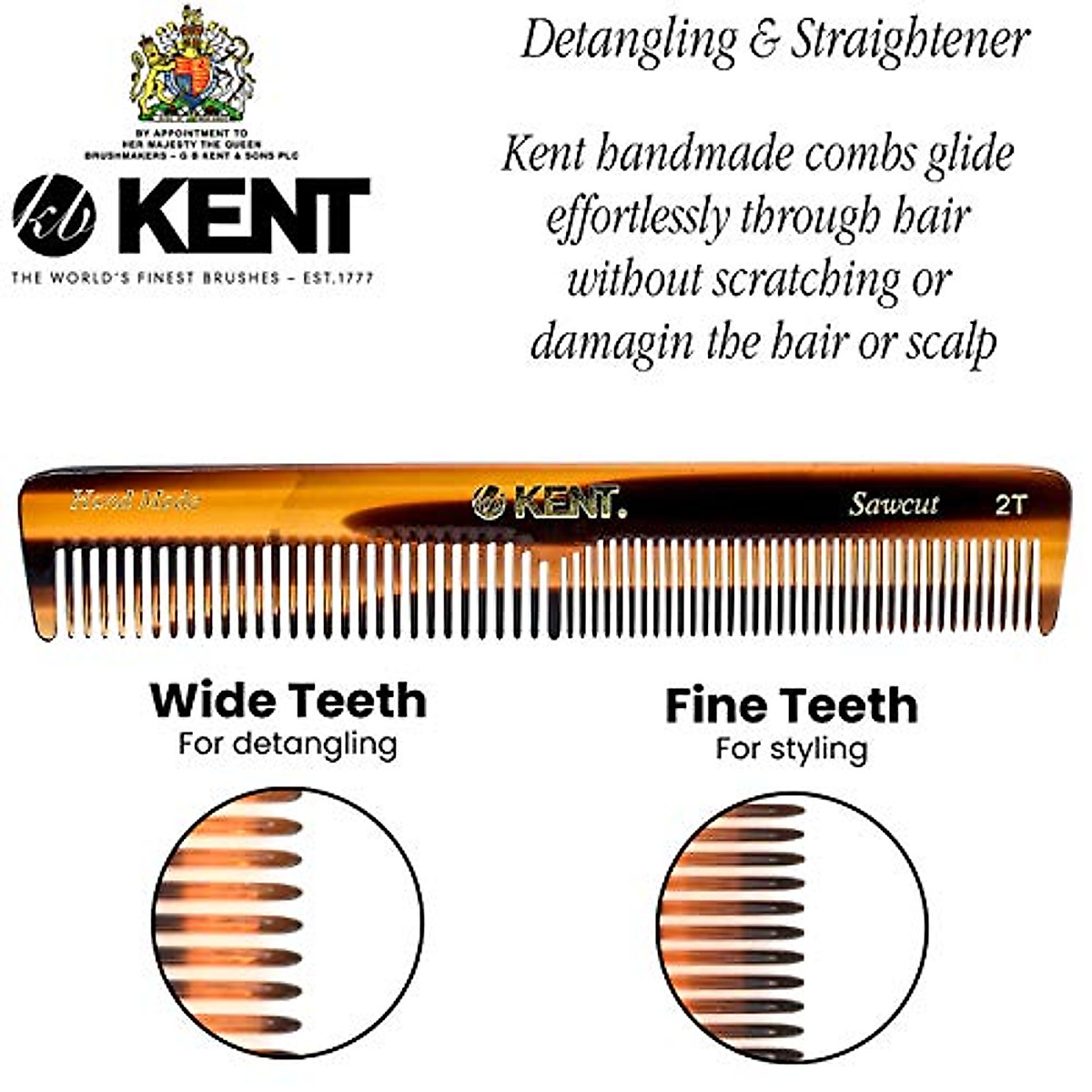 Kent 2T 6 Inch Double Tooth Hair Dressing Comb, Fine and Wide Tooth Dresser Comb For Hair, Beard and Mustache, Coarse and Fine Hair Styling Grooming Comb for Men, Women and Kids. Made in England