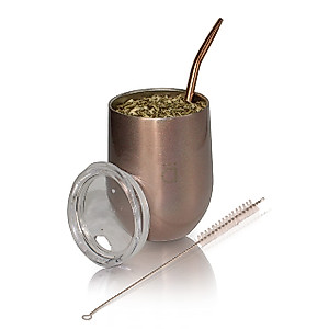 Kalmateh Yerba Mate Gourd Extra Large (12 oz) Mate Cup with BPA Free Travel Lid, Filter Straw & Cleaner- 18/8 Vacuum Insulated Stainless Steel (Rose Gold)