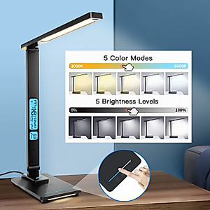 LED Desk Lamp with Wireless Charger: Desk Lamps USB Charging Ports for Home Office Bedroom - Touch Control with 5 Color Modes & Brightness Dimmable, 2 Night Lights, Eye-Caring for Reading(Black)