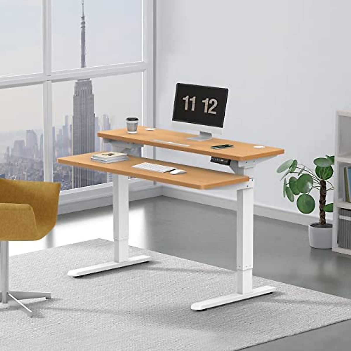 AIMEZO Split Top Electric Standing Desk Dual Motor Height Adjustable Desk Mobile Stand Up Workstation with Table Top (Birch Top+White Frame)