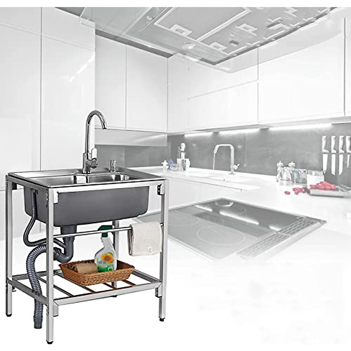 Stainless Steel Sink, 68 * 44cm Standing Kitchen Sink, Portable Handwashing Station with Hot and Cold Faucet Load-bearing 150kg Wash Basin for Laundry Backyard Garage Laundry