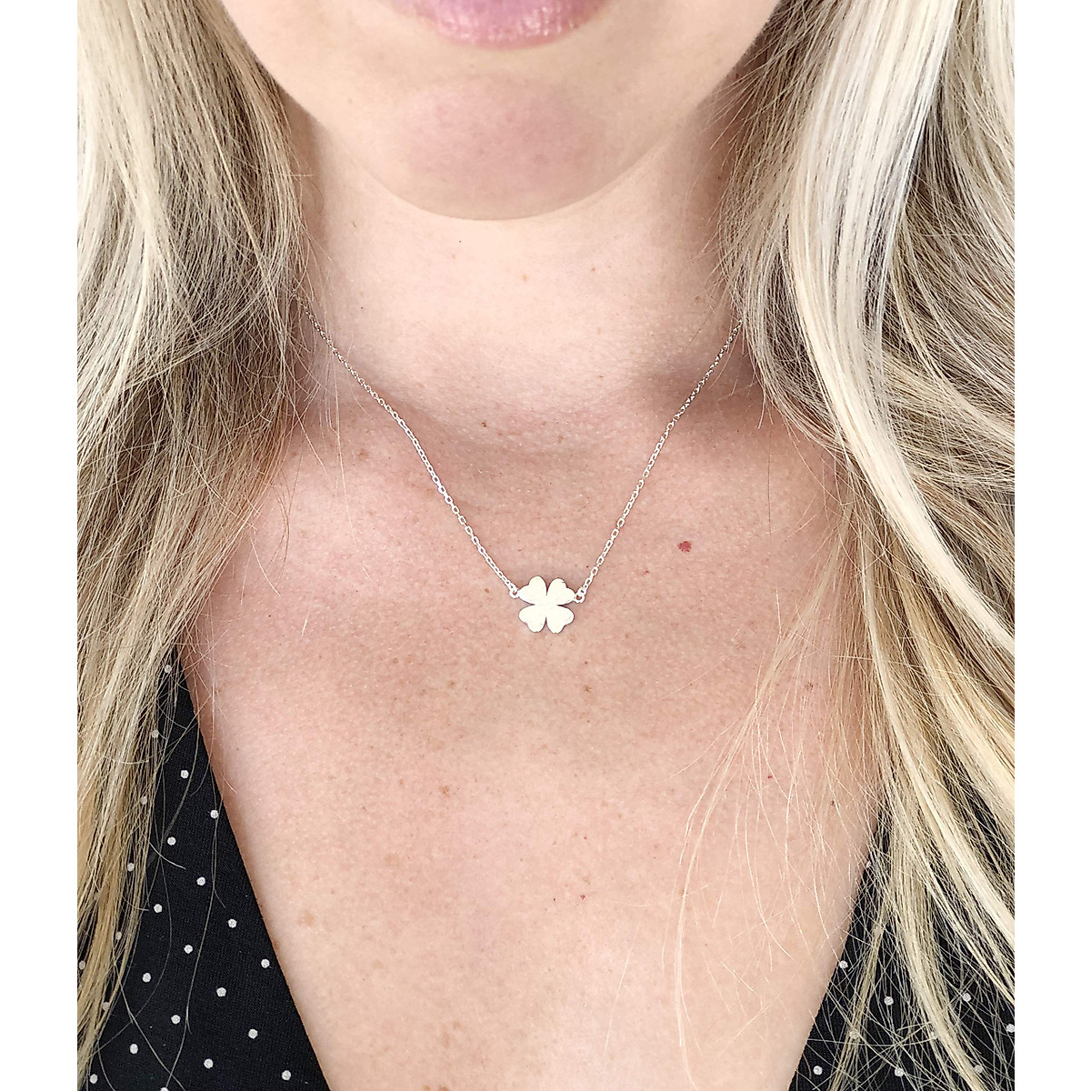 Dote Lucky Four Leaf Clover Pendant Dainty Genuine .925 Sterling Silver Hammered Necklace w/ 16-18" Adjustable Chain