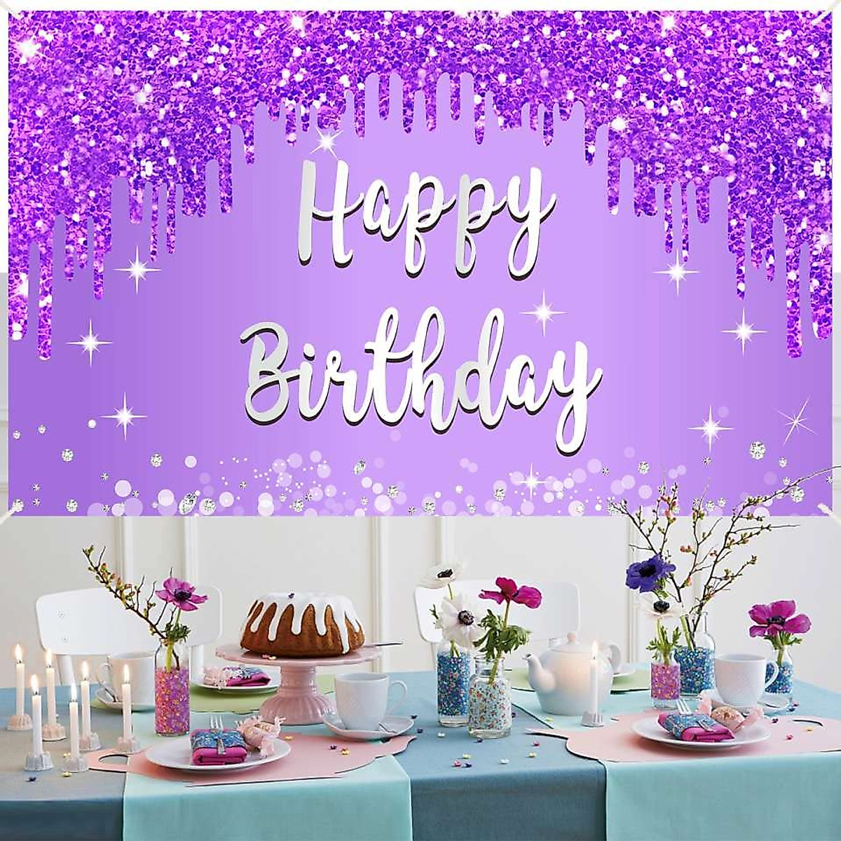 Purple Silver Happy Birthday Banner Party Decorations for Women Girls, Purple Happy Birthday Themed Backdrop Party Supplies, 10th 16th 21st 30th 40th 50th 60th Photo Props Sign Decor