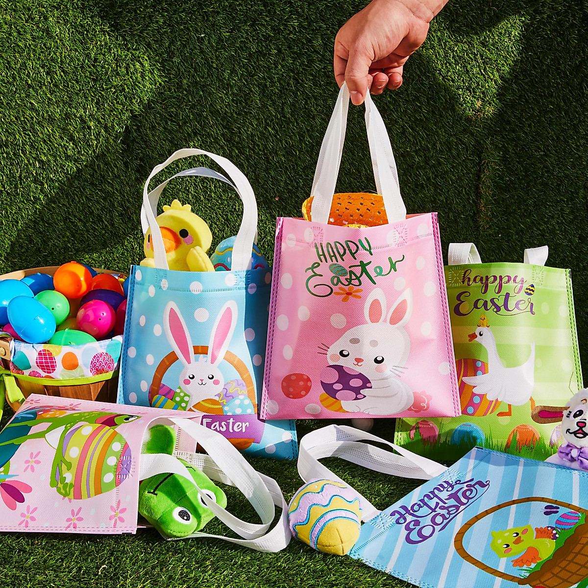 JOYIN 24 Pcs Easter Gift Bags, 8.7" x 8.7" Mini Size Creamed Tone Easter Gift Kraft Treat Goodie Bags and Basket with Handles for Easter Egg Hunt, Easter Party Favors