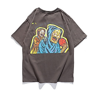 PLOZMCTA Kanye Shirt Men's and Women's Hip Hop Street Skull Print Cotton Short Sleeve Large Dark Grey