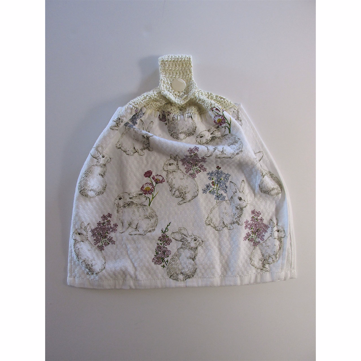 Cottage Bunny Lavender & Blue Floral Double Thickness Hanging Easter Kitchen Towels - Ivory Cotton Crochet Top