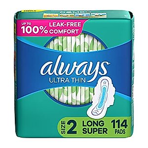 Always Ultra Thin Daytime Pads with Wings, Size 2, Long Super, Unscented, 114 Count