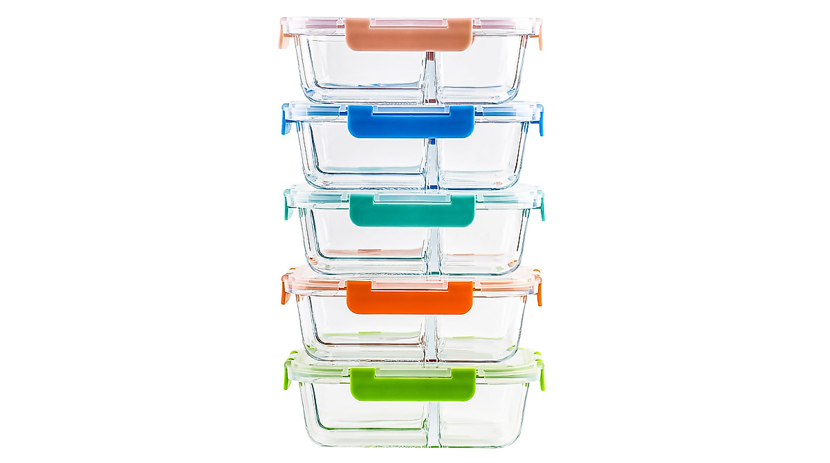 HAKEEMI 5-Pack,3 Compartment Glass Meal Prep Containers Set,34oz ...