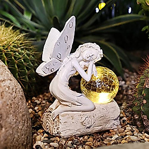 invvni Garden Fairy Statue, Outdoor Yard Decor with Solar Powered Lights, Angel Statues & Sculptures with Crackle Glass Globe for Lawn Patio Garden Decorations