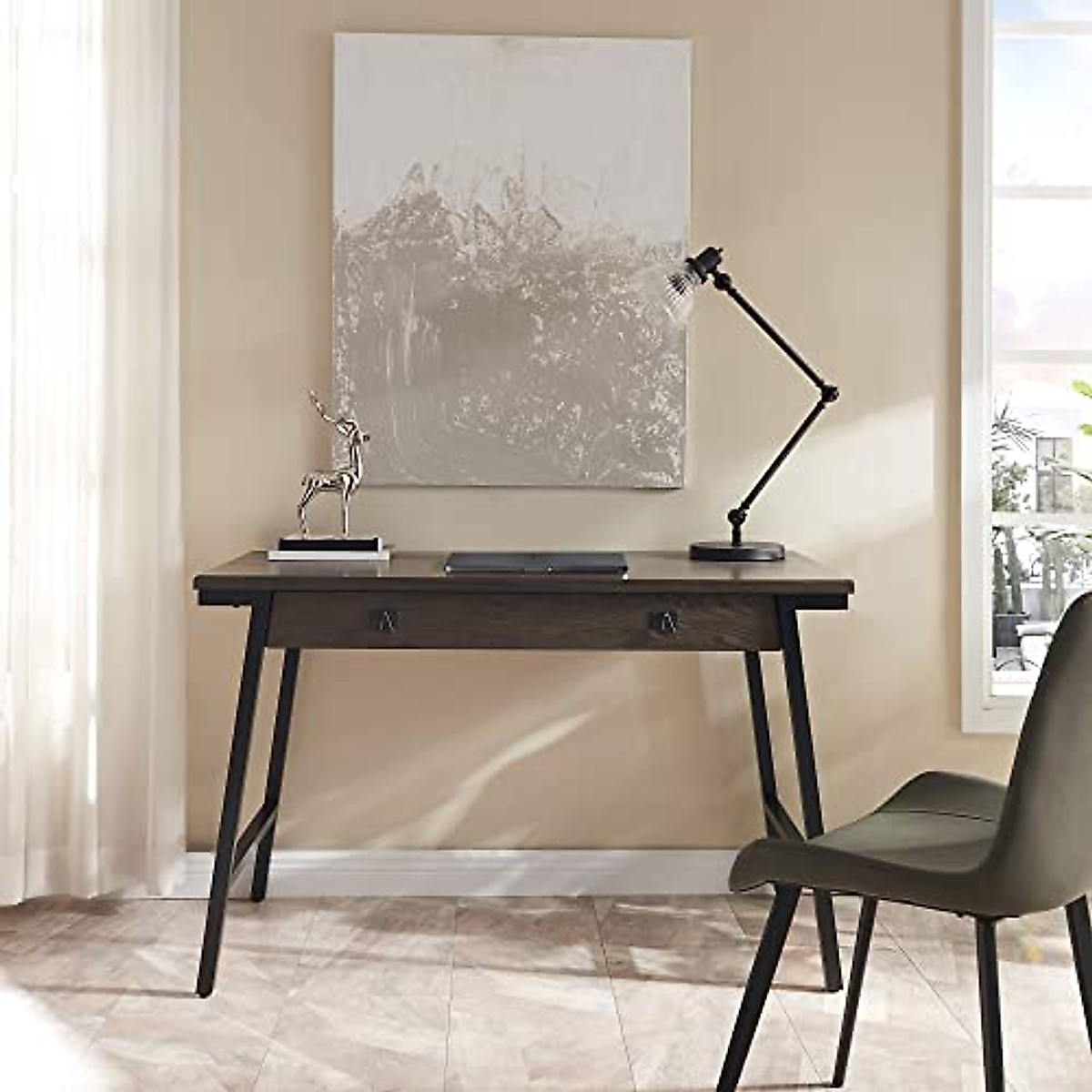 Leick Home 11400-GR Empiria Mixed Metal and Wood Computer Desk with Dropfront Keyboard, 1-drawer, Gray