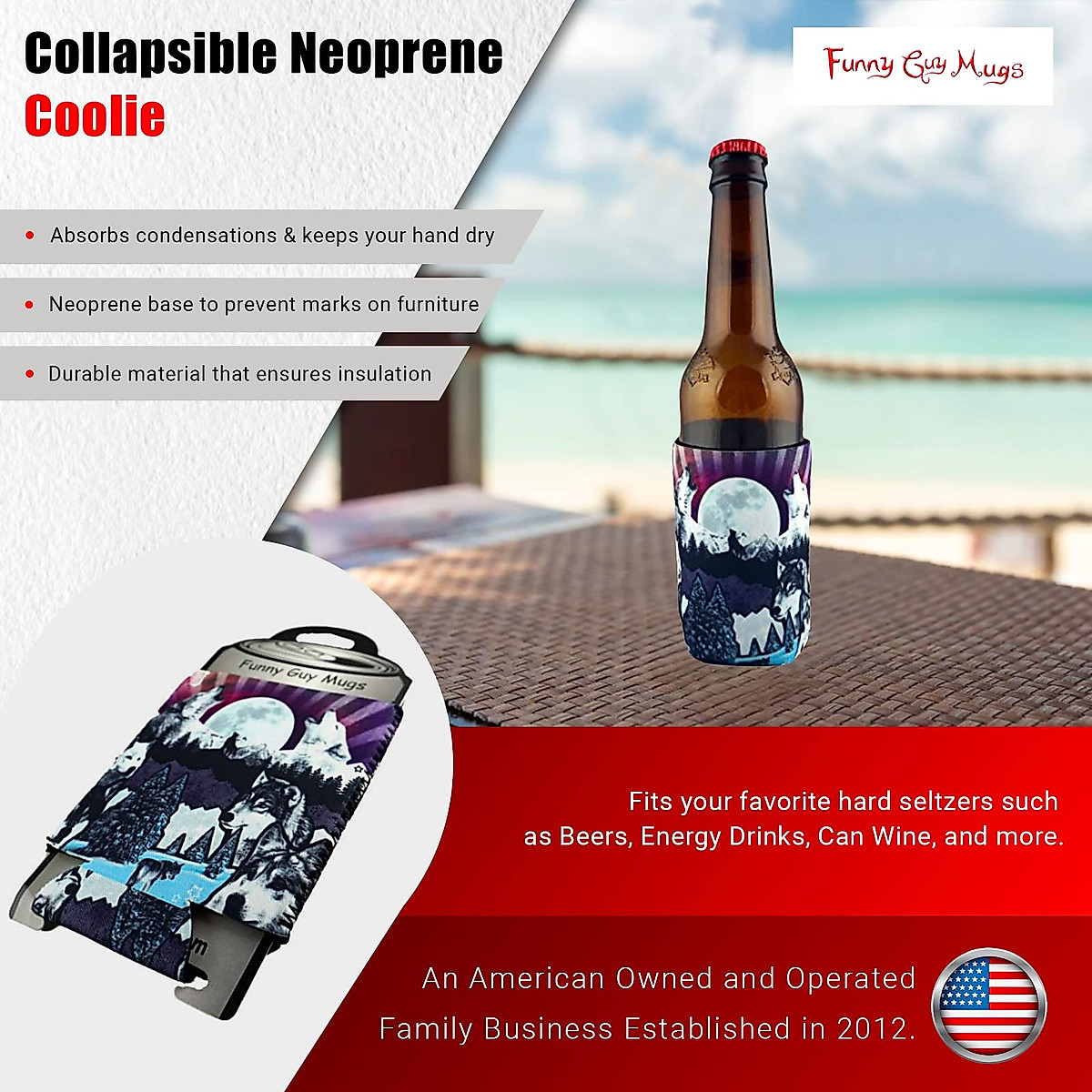 Funny Guy Mugs Wolf Collapsible Neoprene Can Coolie - Drink Cooler