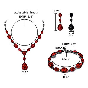 EleQueen Women's Wedding Bridal Jewelry Sets for Brides Bridesmaids, Cubic Zirconia Teardrop Necklace Tennis Bracelet Dangle Earrings Jewellery Set Ruby Black-Tone