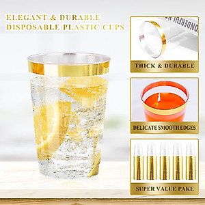 Nervure 120PCS Gold Rim Plastic Cups - 12oz Heavy Duty Plastic Cups - Fancy Clear Disposable Cups with Gold Rimmed for Wedding, Birthday, Party