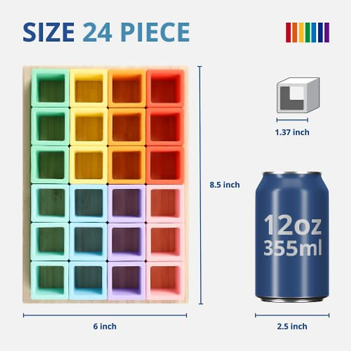 BLUE GINKGO Silicone Rainbow Blocks - Giftable Soft Blocks for Kids | BPA Free Silicone Blocks | Montessori Blocks, Silicone Rainbow Stacking Toy with Sorting Tray (24 PC - Pastel)