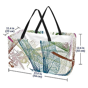 KQNZT Reusable Grocery Bags, Large Foldable Reusable Shopping Tote Bags Bulk for Groceries, Waterproof Kitchen Cloth Produce Bags with Long Handles, Retro Colored Dragonfly