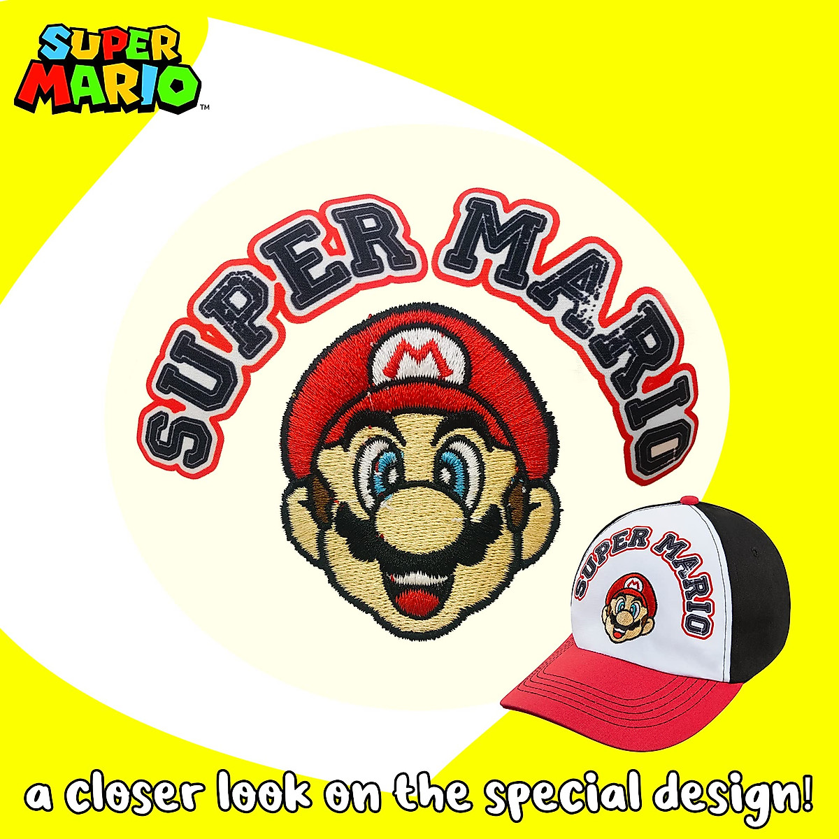 Nintendo Super Mario Men's Baseball Cap Hat - Adjustable Snap Closure - 100% Cotton Red-Black Adult Size