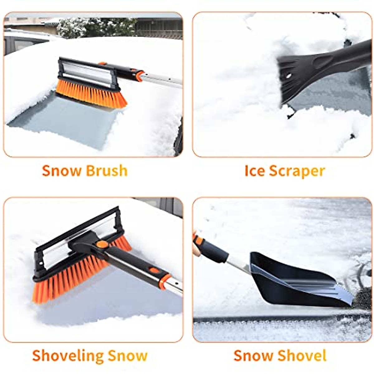 6 in 1 Snow Brush, Extendable Snow Shovel for Car, 46'' Ice Scraper & Squeegee with Foam Grip for Driveway, Detachable Snow Removal Broom for Auto SUV Truck Window