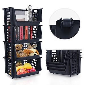 SAglorb Large Plastic Containers for Organizing and Stackable Storage Bins for Kitchen, Pantry Organization,Office or Bathroom,11.22-Inch x 7.68-Inch x 7.28-Inch 4-Pack,Black