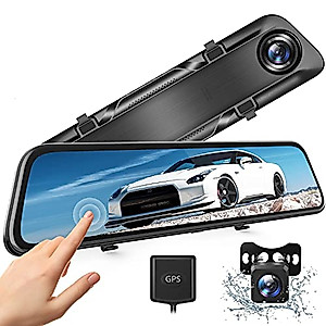 2.5K 12 inches UHD Mirror Dash Cam Front and Rear Camera, GPS Rearview Mirror Camera for Cars & Trucks with IPS Touch Screen, Enhanced Night Vision, Waterproof Backup Camera, Emergency Lock, black