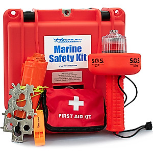 USCG Boating Safety Kit - Electronic Flare - First Aid Kit - Whistle - Multi tool - Waterproof Case (Plastic)