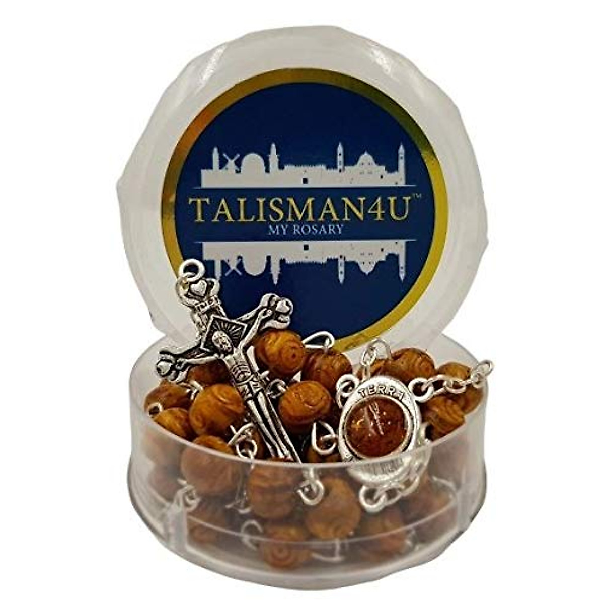 TALISMAN4U CATHOLIC ROSARY NECKLACE Olive Wood Carved Beads With Jerusalem Soil & Cross Crucifix in Gift Box