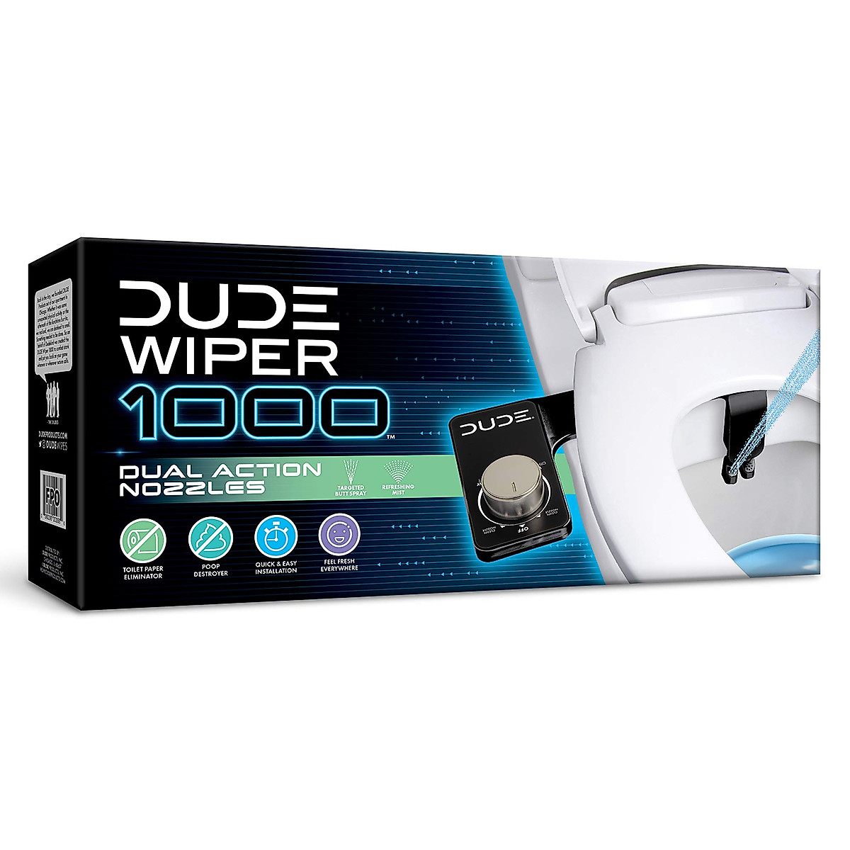DUDE Wiper 1000 - Bidet Attachment - Black Dual-Action Nozzle and Control Panel - Easy Installation - Fits Most Standard Toilets