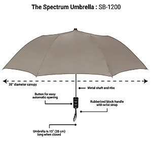 The Spectrum Popular Style 42" Automatic Open Compact Travel Umbrella for Rain, Wind & Sun, Sturdy Lightweight Small Portable Stick Umbrella for Men and Women, Grey