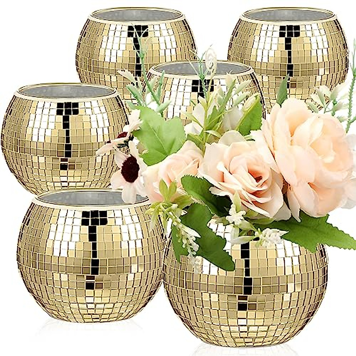 6 Pieces Disco Ball Flower Vase Mirror Disco Ball Glass Vase Disco Ball Planter Candle Holder Glass Vase Bulk for Wedding Centerpieces Bedroom Kitchen Office Decoration Birthday (Gold,3 x 4 Inch)