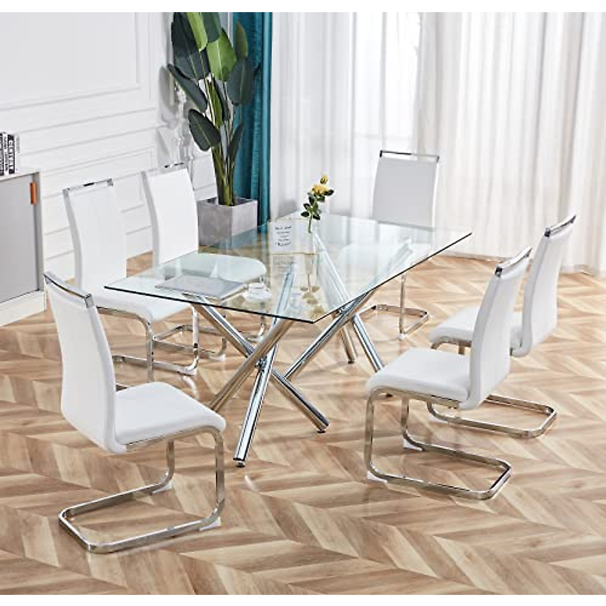 JUFU Home Dining Chairs Set, 6Pcs Armless Kitchen Chairs with PU Leather Seat,High Back for Living Room, Office