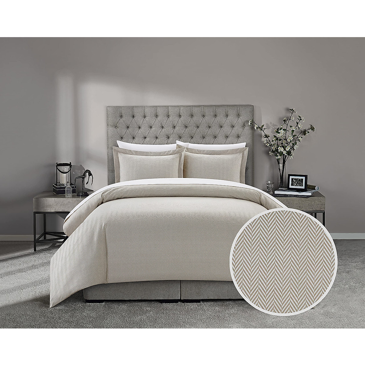 Chic Home Laurel 3 Piece Duvet Cover Set Graphic Herringbone Pattern Print Design Bedding - Pillow Shams Included, King, Beige