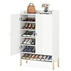 LITTLE TREE Shoe Cabinet for Entryway: 6-Tier Shoe Organizer Cabinet Narrow Slim, Freestanding Wood Shoe Rack with Doors Adjustable Shelves for Hallway, Closet, Living Room