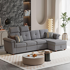 Jarenie Convertible Sectional Sofa, 4 Seat L Shaped Couch with Reversible Storage Chaise and Cupholder, Wooden Legs, Upholstered Fabric for Living Room, Apartment, Office (Light Grey)
