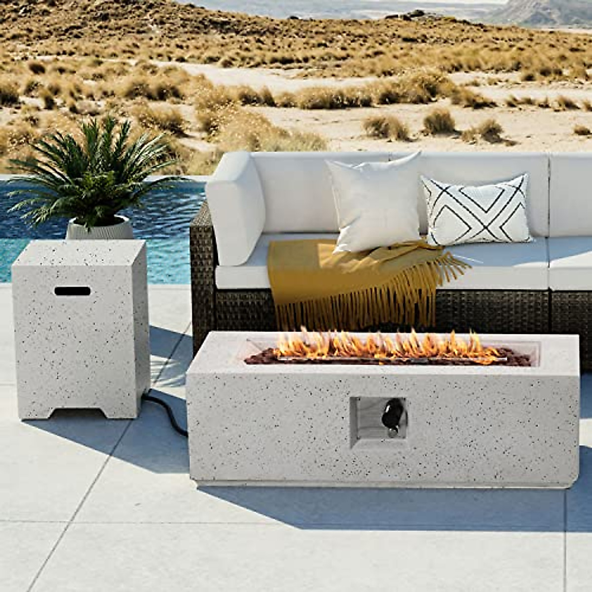 COSIEST 2-Piece Outdoor Propane Fire Pit Table Set w Tank Table, 42-inch Terrazzo Rectangle Fire Table (50,000 BTU) w 16 inches Tank Cover Side Table 20lb, Waterproof Cover for Garden, Pool, Backyard