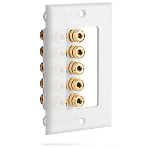 Fosmon [Five Speaker] Home Theater Wall Plate - Premium Quality Gold Plated Copper Banana Binding Post Coupler Type Audio Wall Plate for 5 Speakers (White)