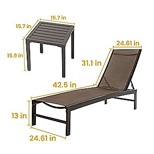Crestlive Products Adjustable Outdoor Chaise Lounge Chair and Table Set, Aluminum Lounge Chairs Set, Five-Position Recliner, Curved Design, All Weather for Patio, Beach, Yard, Pool(Brown)