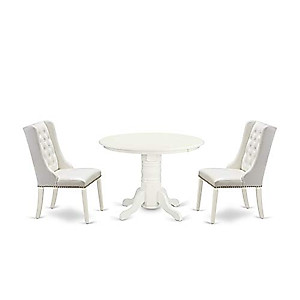 East West Furniture SHFO3-WHI-44 3 Piece Dining Set Contains a Round Dining Room Table with Pedestal and 2 Light Grey Faux Leather Upholstered Parson Chairs, 42x42 Inch, Linen White