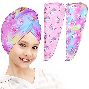 FIOBEE Microfiber Hair Towel Wrap for Kid Rapid Drying Towel Absorbent Hair Turbans for Wet Hair with Button Women Girls Long Curly Hair Pack of 2, Pink