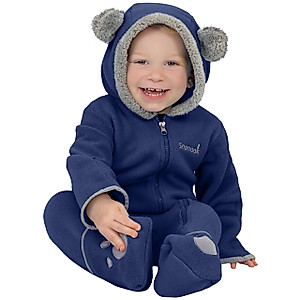 Snonook Fleece Baby Jacket - Winter Suit Bunting Bodysuit with Fold Over Mittens & Footies, Hooded & Zipper Down, Soft Cozy Warm Jumpsuit for Infants, Midnight Navy, 12/18 months